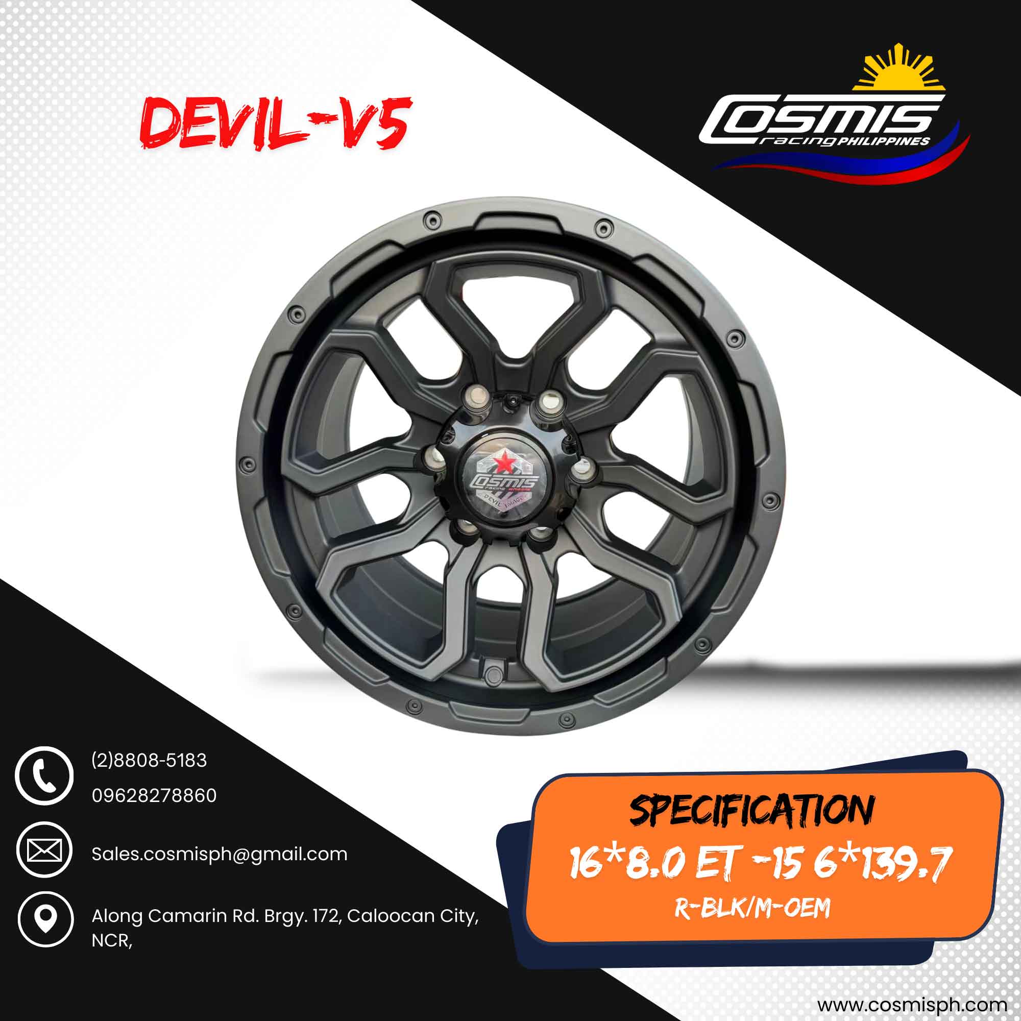 COSMIS DEVIL-V5 16*8.0 et-15 6*139.7 (R-BLK/M-OEM) 1pc – Cosmis Philippines